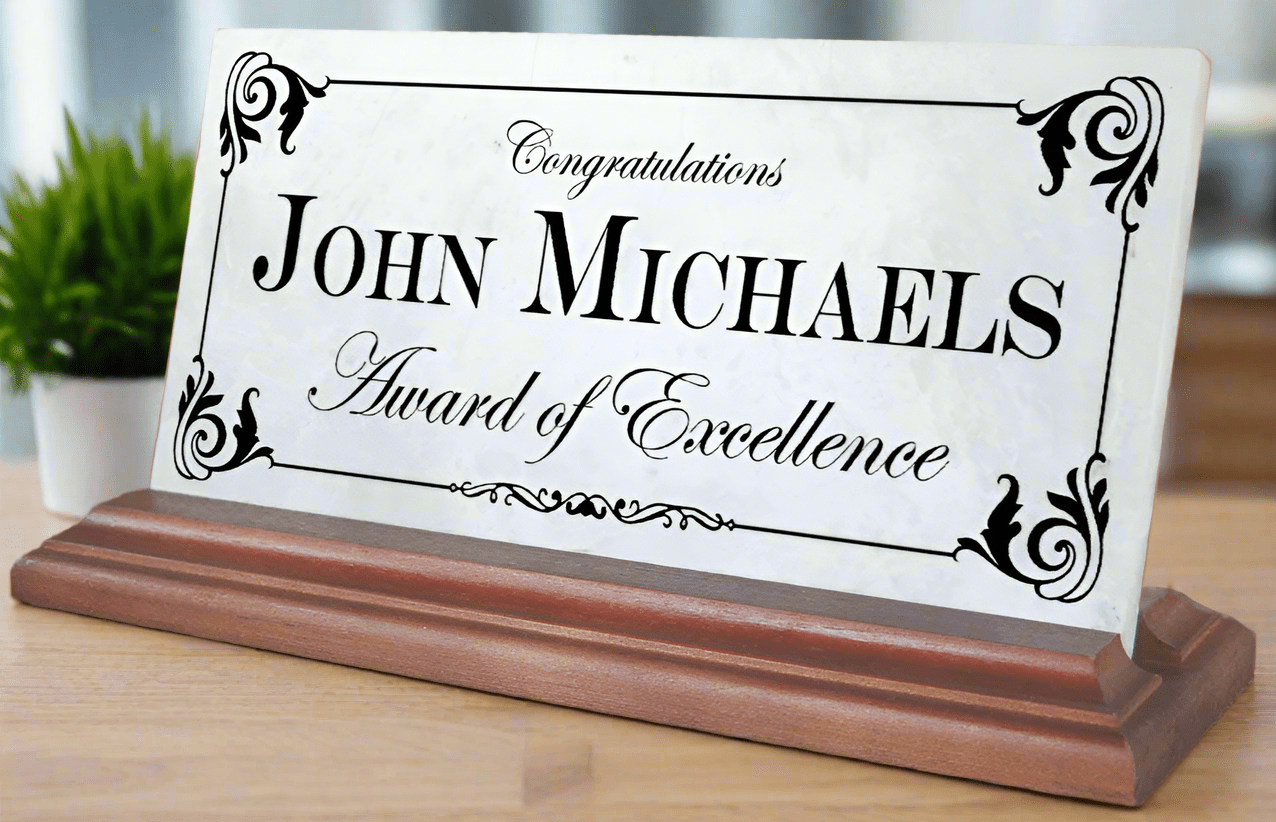 Award of Excellence Plaque – Personalized Marble Desk Sign for Employe – Man Cave And Apparel