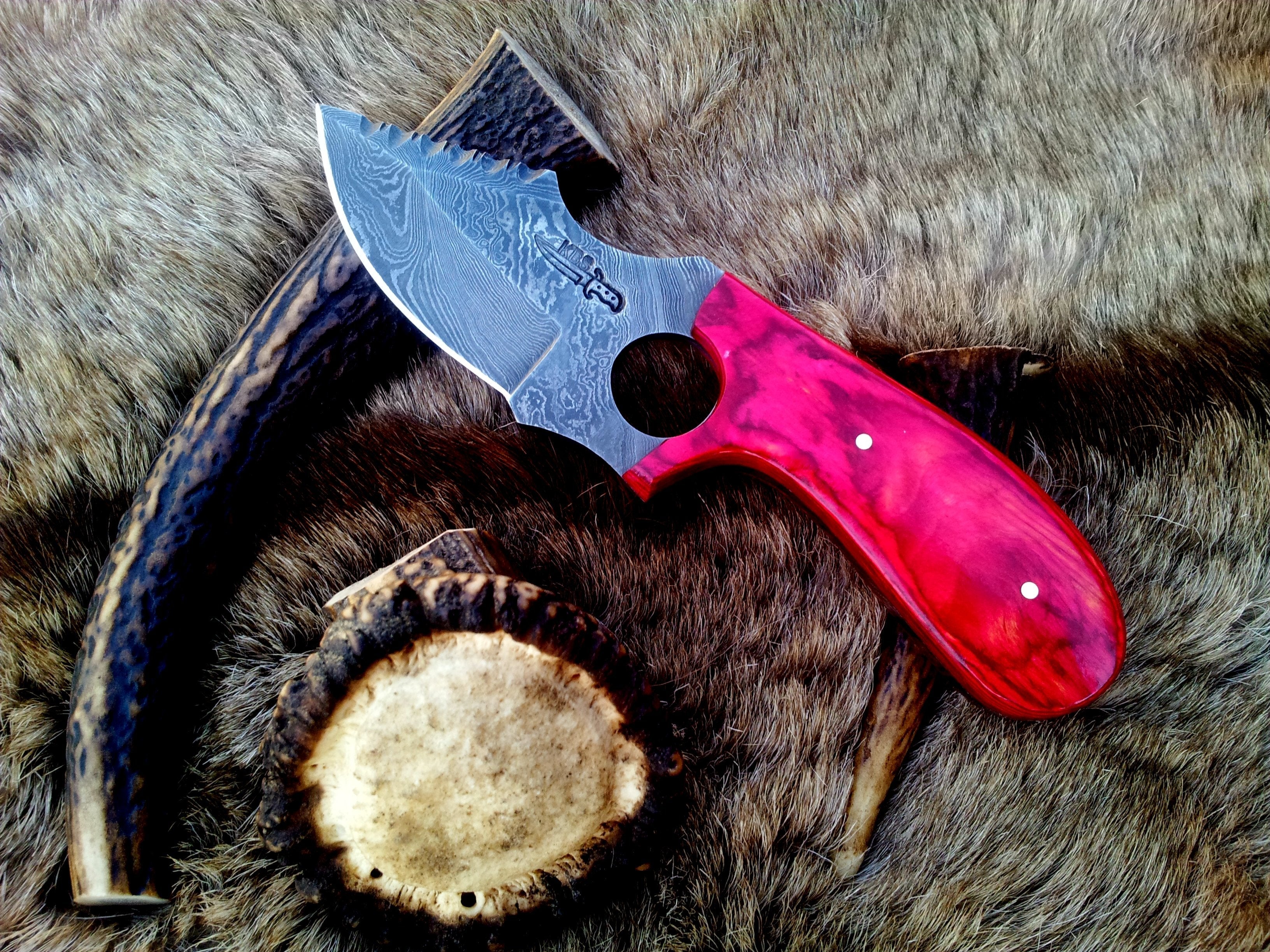 Custom Damascus Steel Field Dressing Deer Skinning Knife with Pakka Wo ...