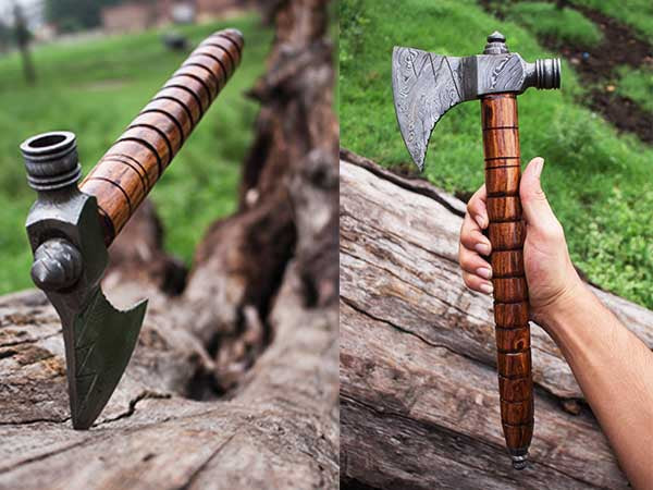 Custom Handmade Damascus Steel Pipe Tomahawk – Rosewood Handle with Sm ...
