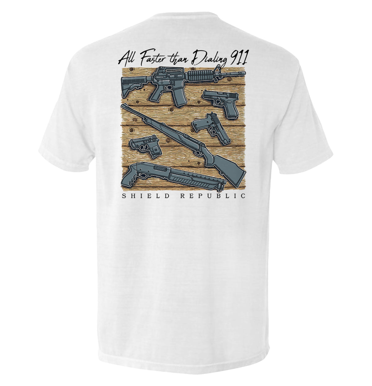 All Faster than Dialing 911 Pocket Tee – Man Cave And Apparel