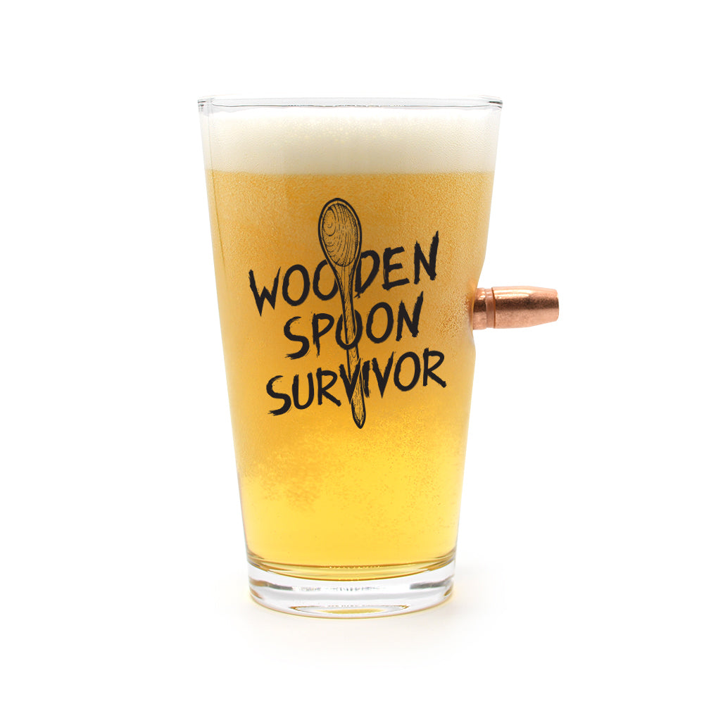 Wooden Spoon Survivor - 50 Cal Pint Glass – Man Cave And Apparel