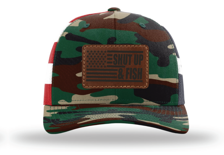 Shut Up & Fish Flag Patch - Green Camo/USA Flag – Man Cave And Apparel