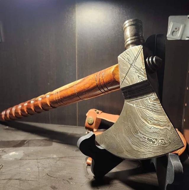 "Damascus Smoke Pipe Tomahawk/Axe | Rose Wood Handle | Leather Sheath ...