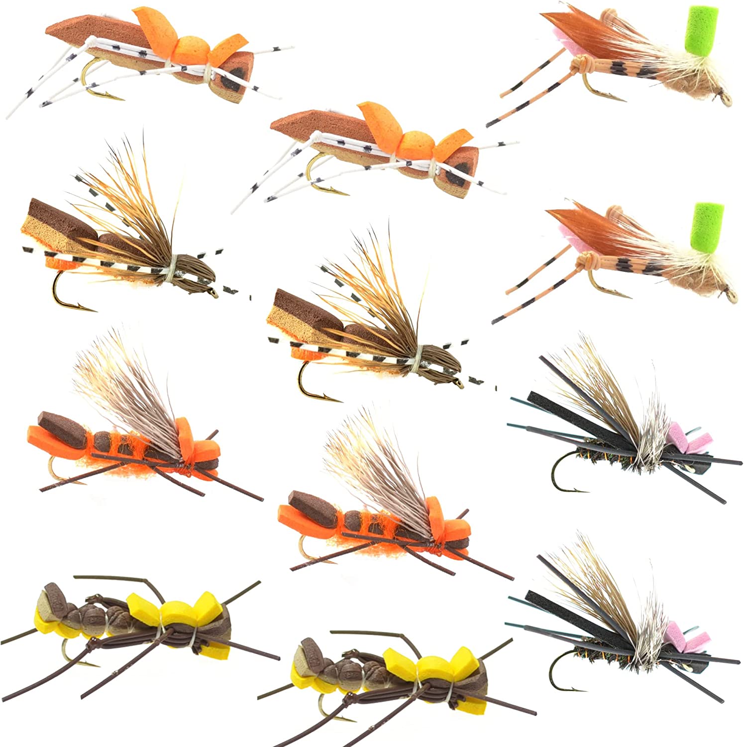 Foam Hopper Fly Fishing Flies Assortment - 12 Flies - 2 Each of 6 Gras ...