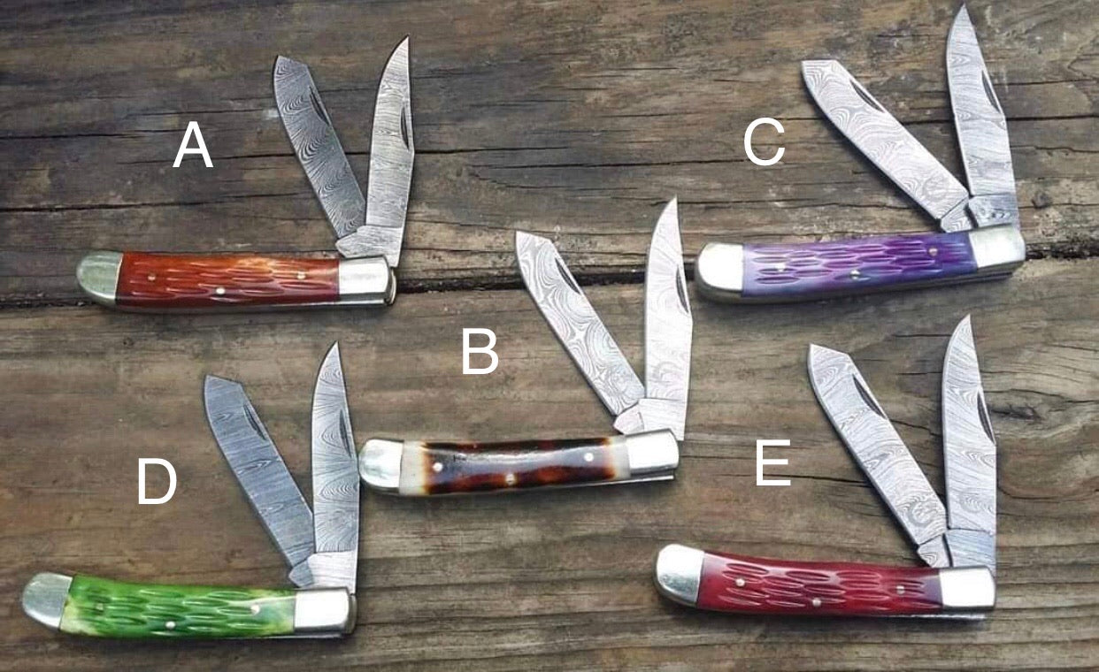Custom Handmade Damascus Steel Trapper Folding Pocket Knife with Color ...