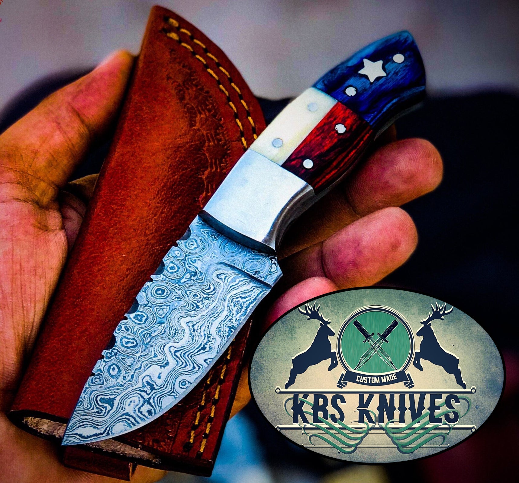 Texas Flag Handle Beautiful Custom Handmade Damascus Camp Hunting Skin ...