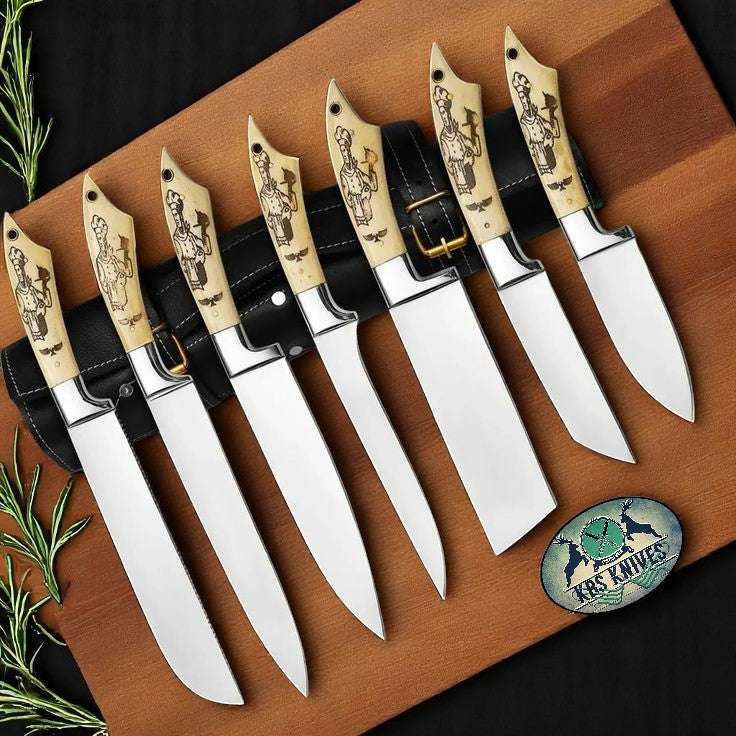 Legacy Bone Series – 7-Piece Stainless Knife Set with Engraved Bone Ha ...
