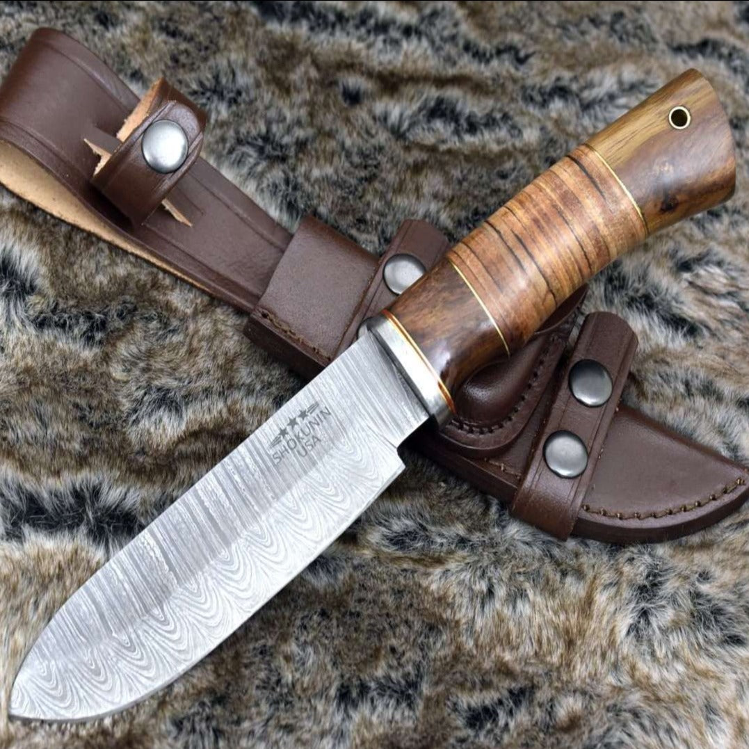 Miracle Damascus Hunting Knife with Stacked Leather Handle – Man Cave ...